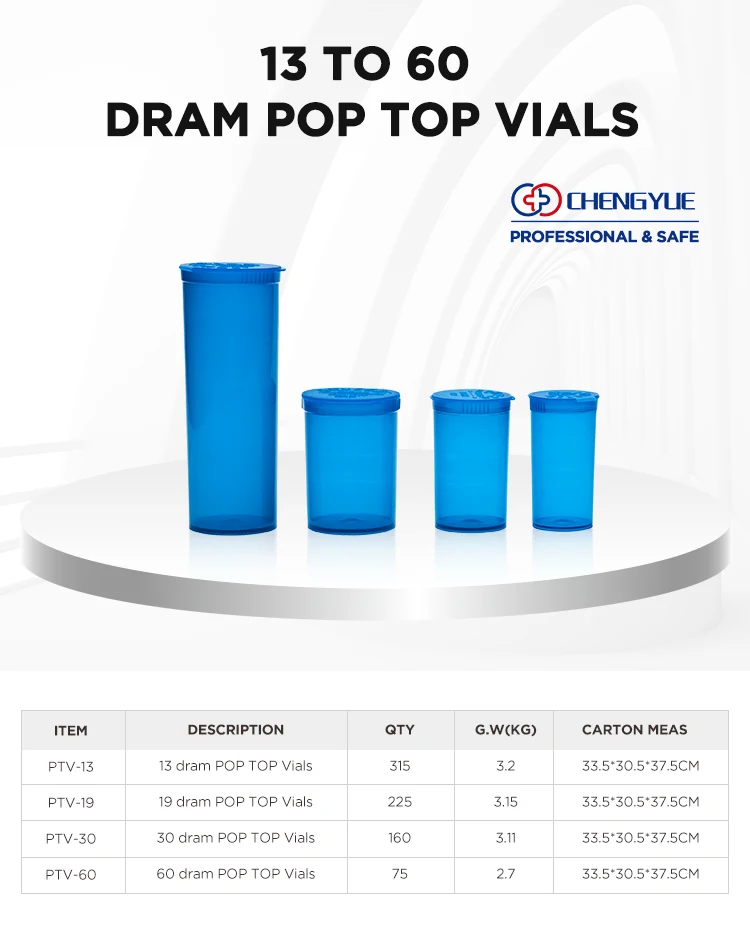 19 Dram Pop Top Vials Squeeze Below Cap Plastic Medicine Pill Bottle Pp ...