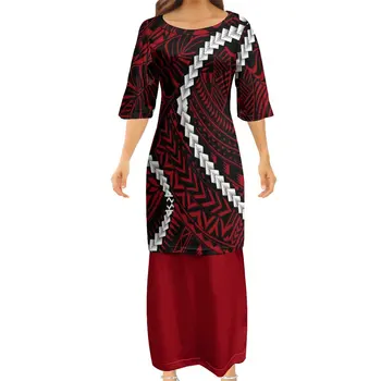 Polynesian Tribal Red Print Puletasi Dress New Samoan Style Two Piece ...