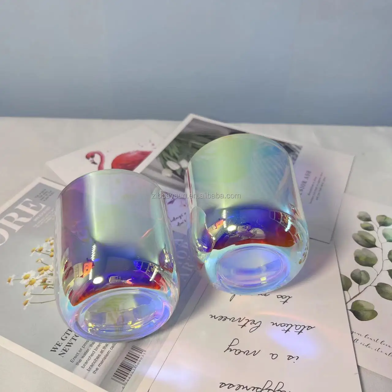 Luxury Rainbow Color Glass Candle Jars Flat Bottom Iridescent Candle ...