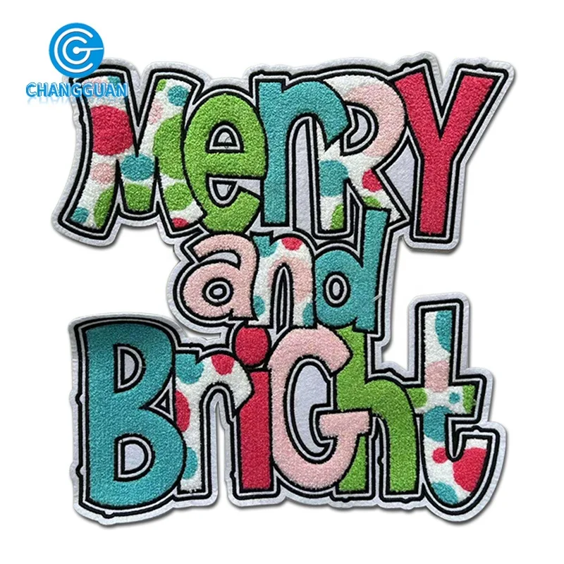 Wholesale Merry and Bright Chenille Patch Logo Embroidery Large Red Iron on Chenille Letter ...
