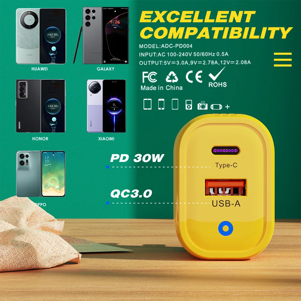 Oem 30w Pd+qc3.0 Usb Type C Dual Port Fast Wall Charger Portable Mobile Phone Adapter For Iphone ...