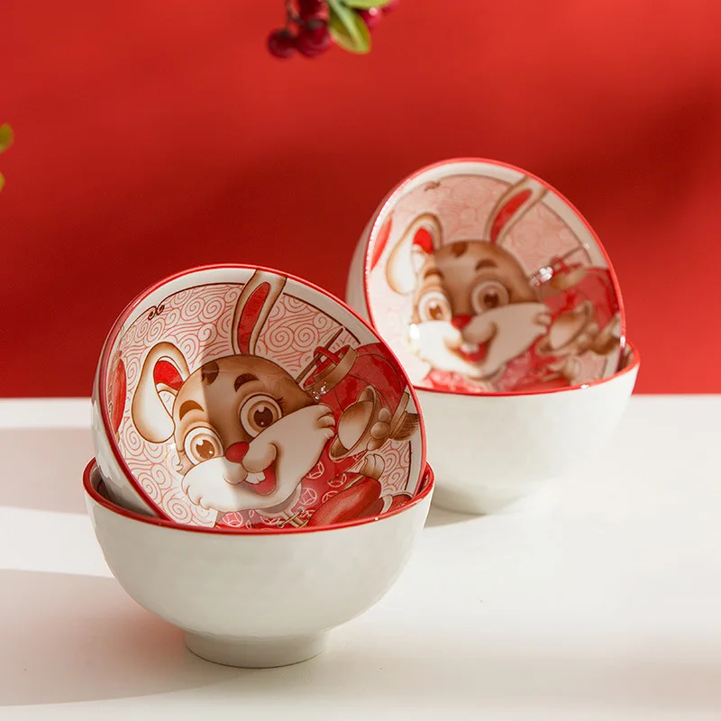 Chinese Style Ceramic Tableware Rabbit Bowls And Chopsticks Set New ...