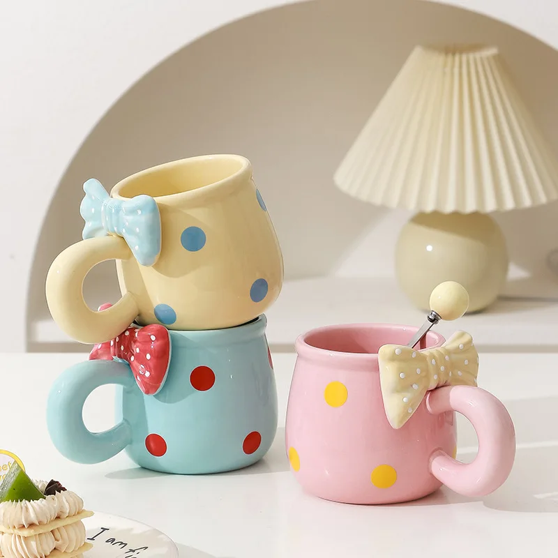 New Cute Bowknot Dot Ceramic Coffee Mug With Handle And Spoon 350ml Ins ...