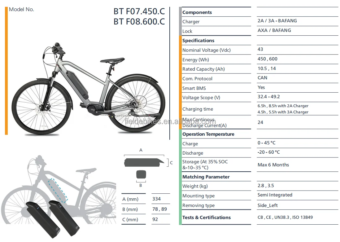 Bafang BT F07/BT F08 43V Lithium Electric Bike Battery, 450Wh/600Wh, 1 ...