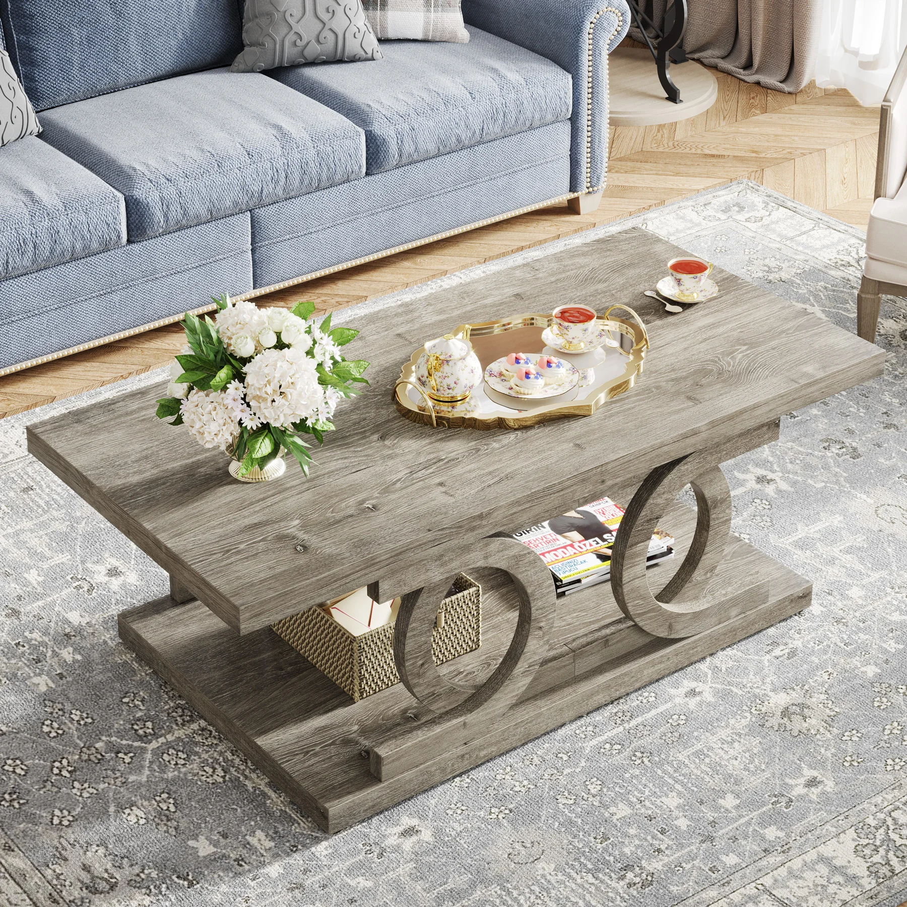 Modern Wooden Vintage Farmhouse Rustic Rectangular Grey Retro Coffee Table For Living Room Home ...