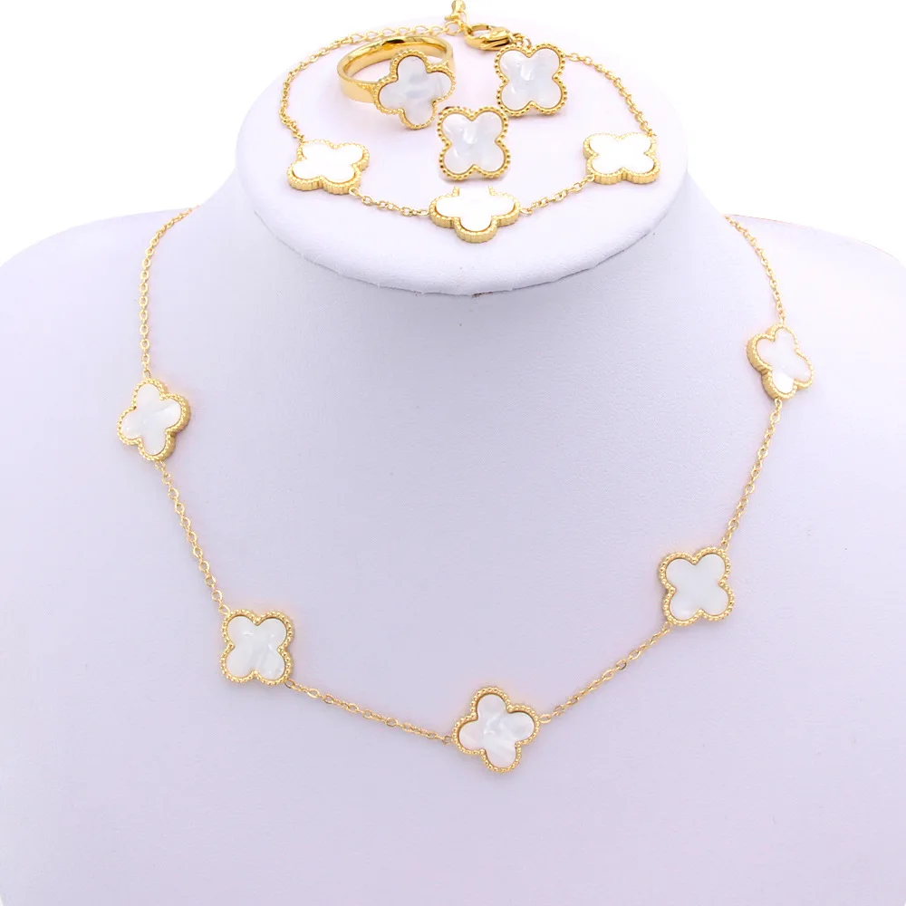 Fashion Jewelry Designer Jewelry Famous Brands Set Stainless Steel Four Leaf Clover Earring Ring ...