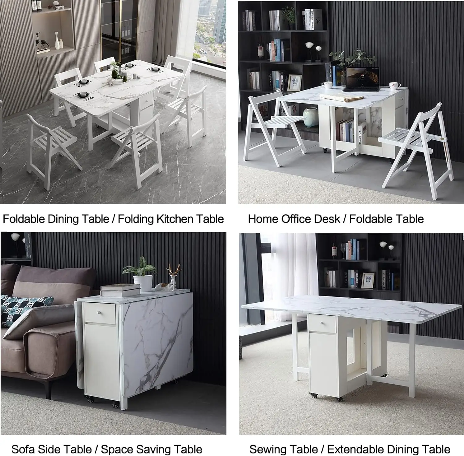 Folding White Dining Table - Space-Saving Kitchen Furniture