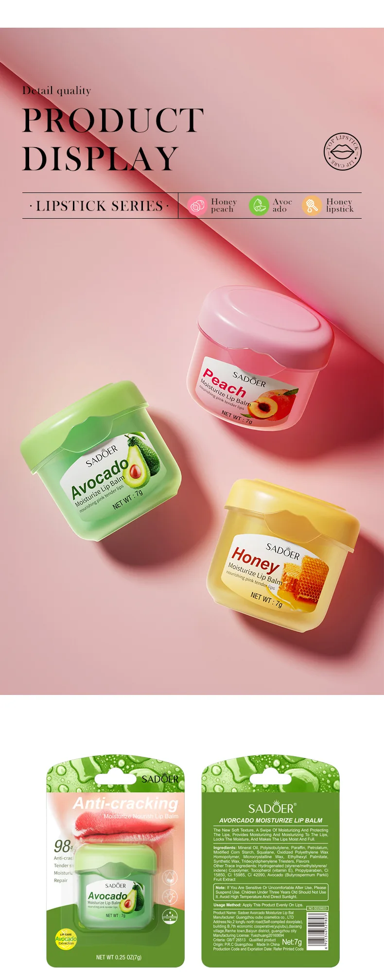 Sadoer Honey Peach Avocado Moisturize Lip Balm Nourishing Pink Tender ...