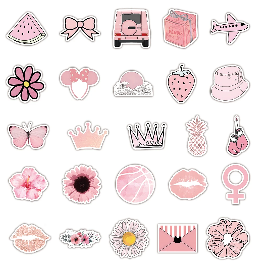 50pcs Pink VSCO Fresh Cute Cartoon Stickers - Eco-friendly