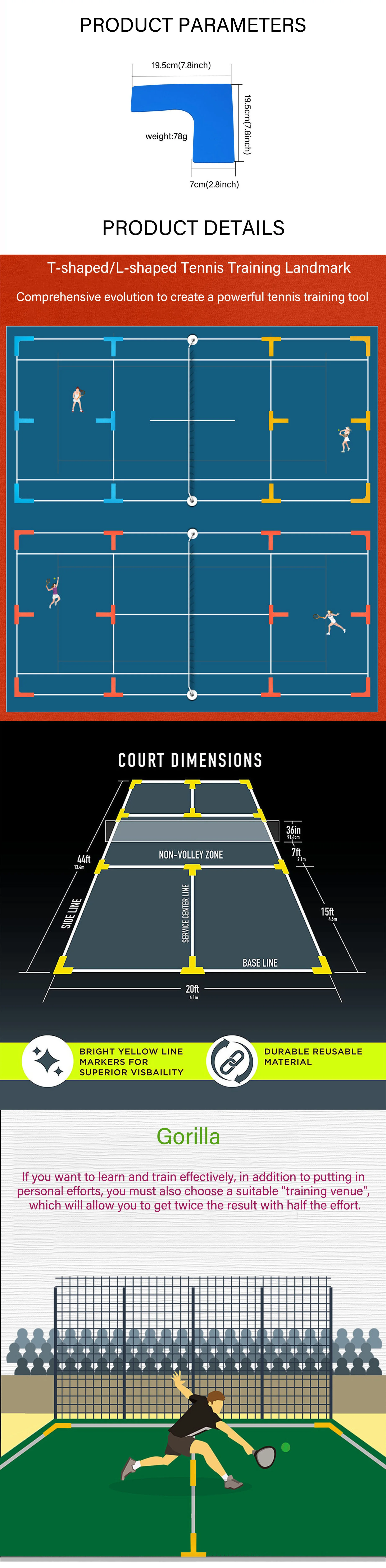 L-shaped Tennis Mark Pickleball Court Lines - Anti-Slip Cones