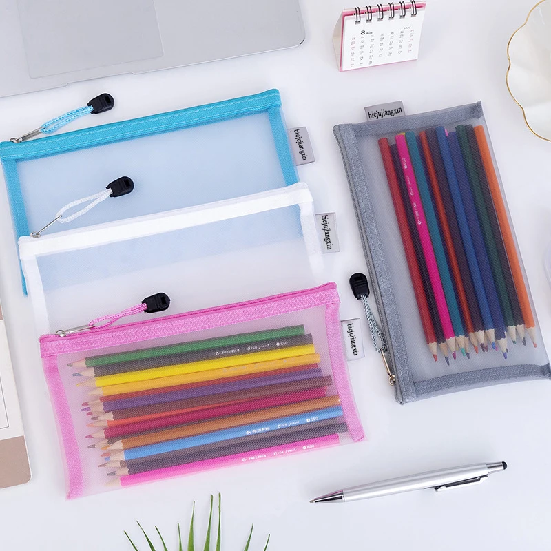Transparent Mesh Stationery Bag - Perfect for Pencils & Make-up