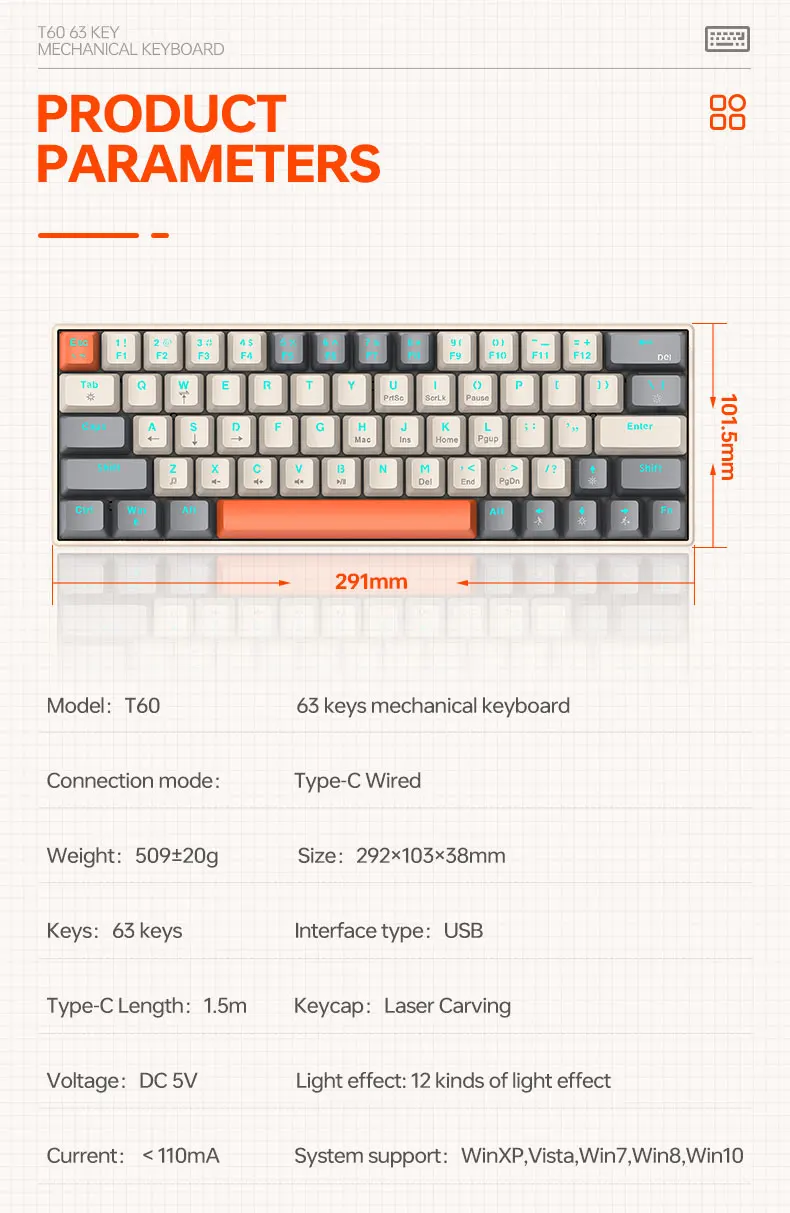 Gaming Mechanical Keyboard Wired Mini 63 Keys Qwerty Customized Color ...