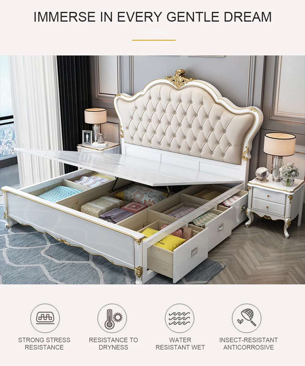 Luxury European Solid Wood Bed Frame Master Bedroom 1.8m Lit En Bois ...