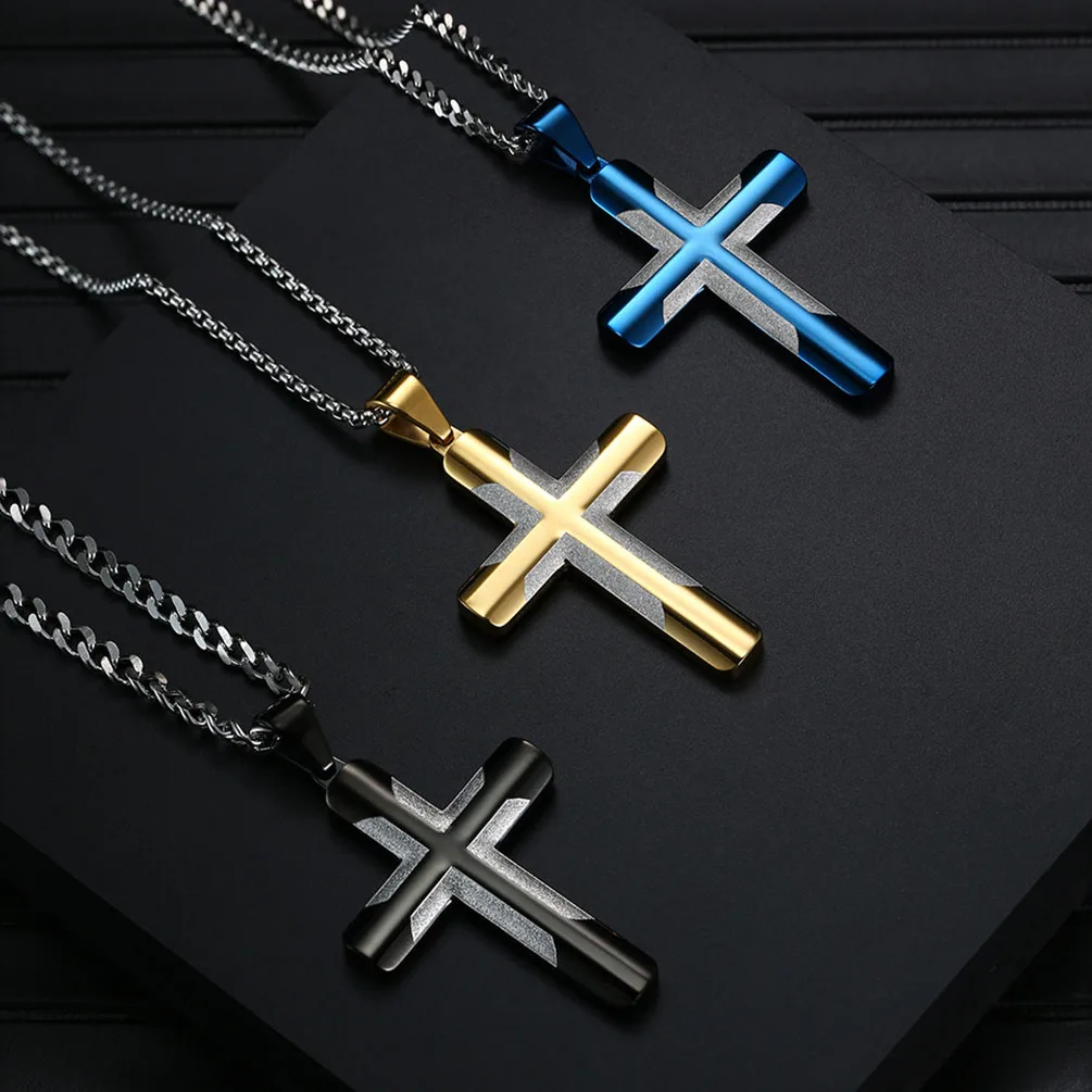 Two Tone Silver Blue 18k Gold Plated Titanium Cross Pendant Necklace ...
