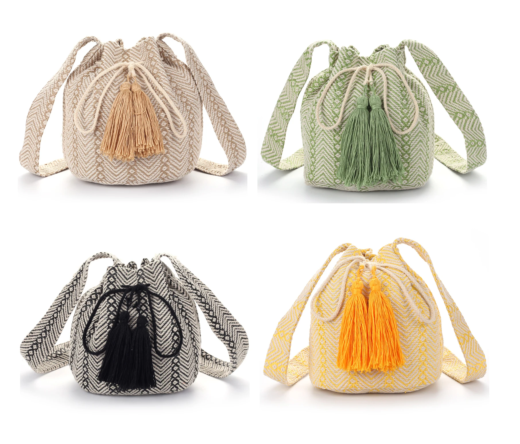 Two Tassels Bucket Shoulder Bag Chevron Cotton Pp Straw Crossbody Bag ...