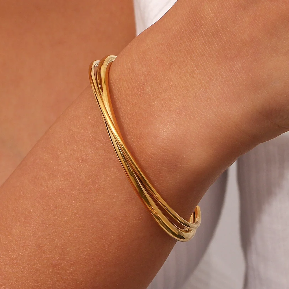 Minimalist Double Layer Cross Open Bangle - 18k Gold Plated