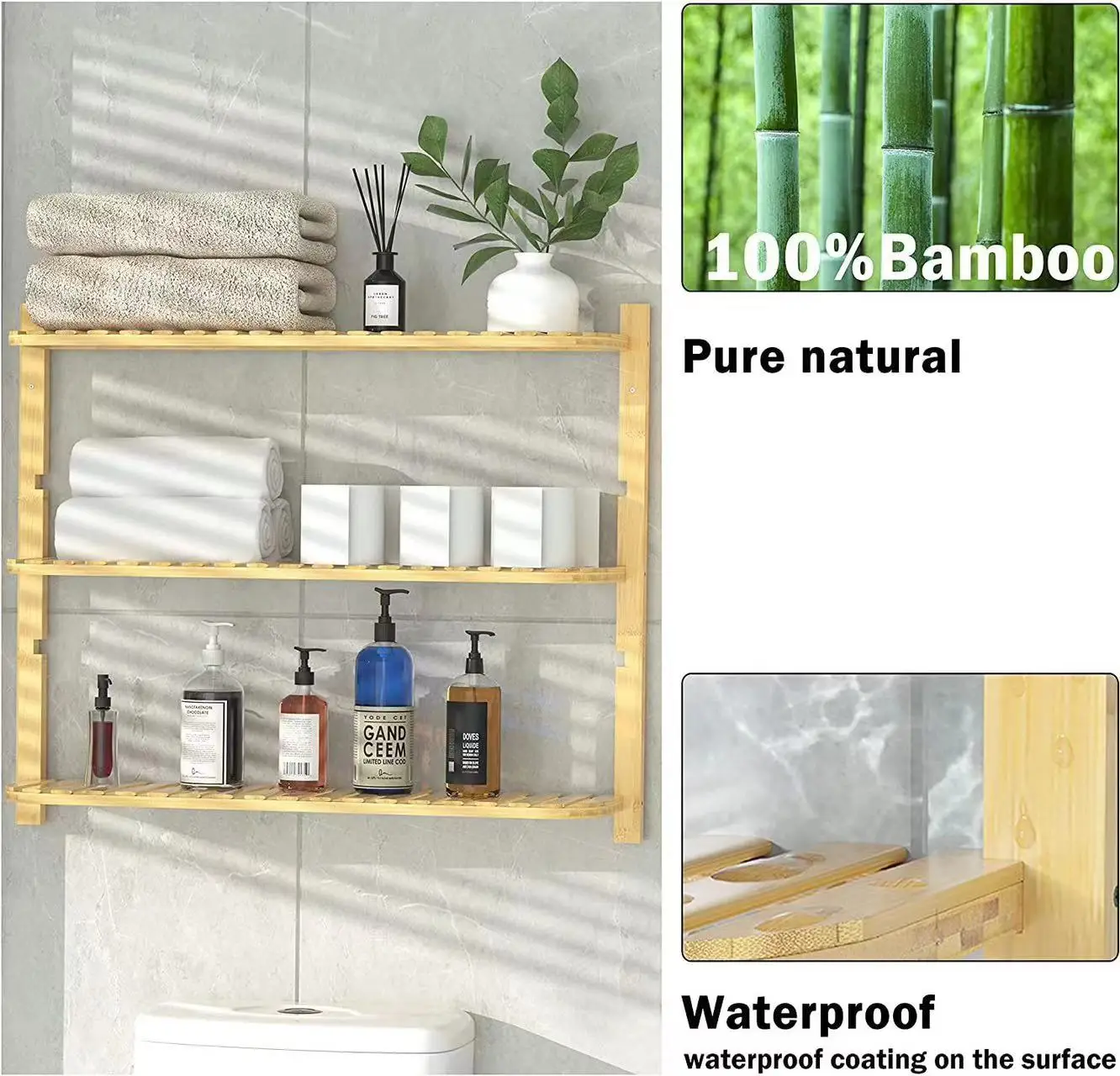 Bamboo Wooden Shelves 3-tier Wall Hanging Storage Rack Multifunctional ...