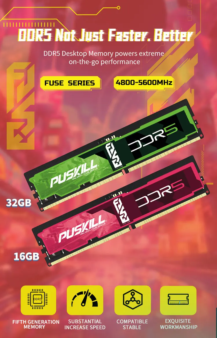 PUSKILL RAM 8gb 16gb 32gb 4800MHz 5600MHz DDR5 1.1V Gaming Ram| Alibaba.com
