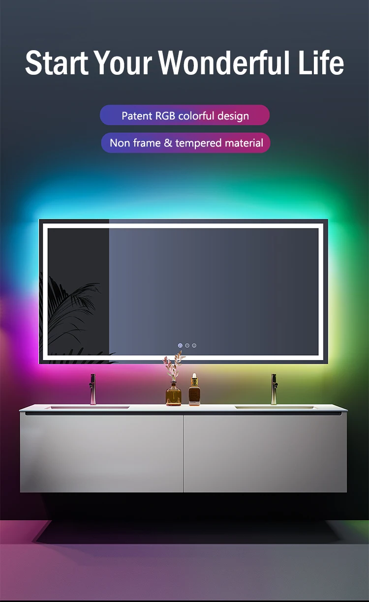Modern Hotel Vanity Wall Mirror Rectangle RGB LED Frameless Bluetooth ...