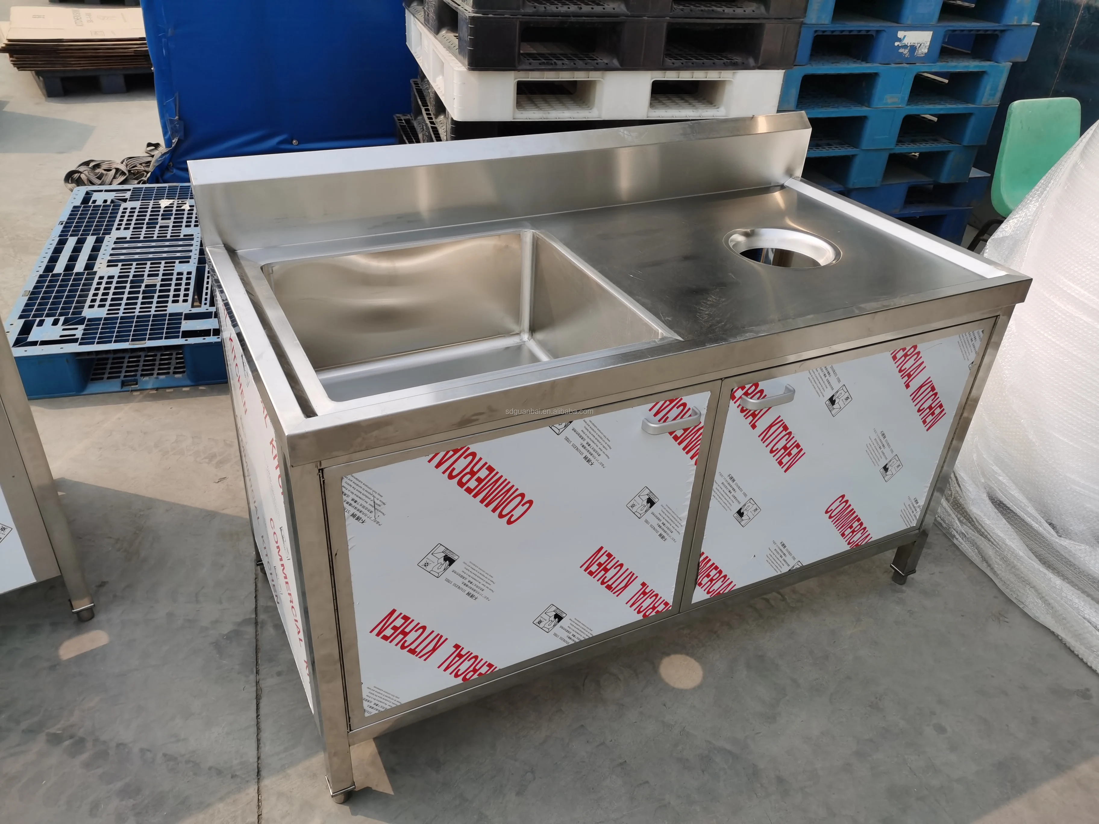 Stainless Steel Work Table With Trash Hole Sink Cabinet Fish Cleaning ...