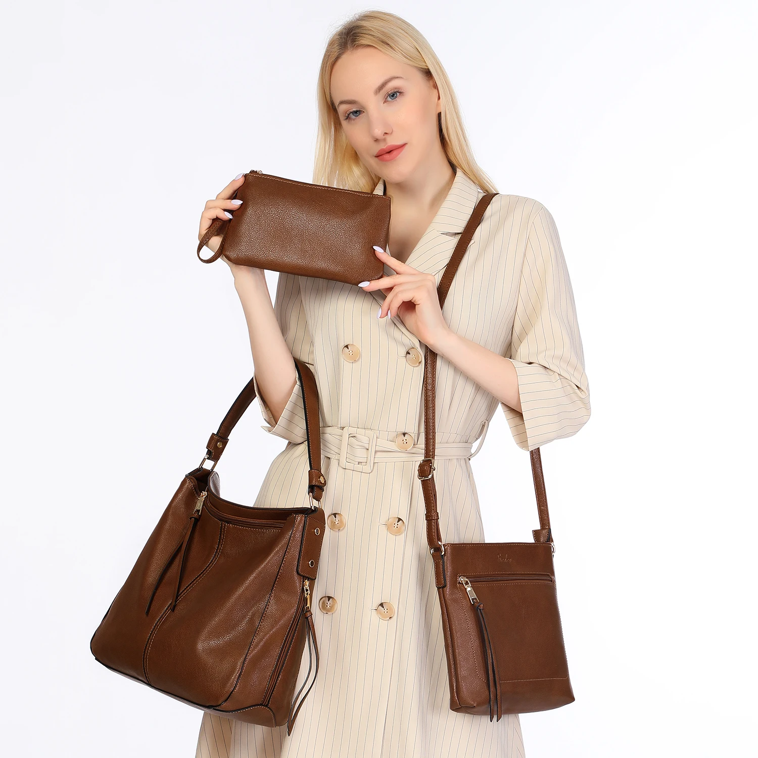 REALER Brand Vintage Leather Crossbody Handbags - 3 PCS Set