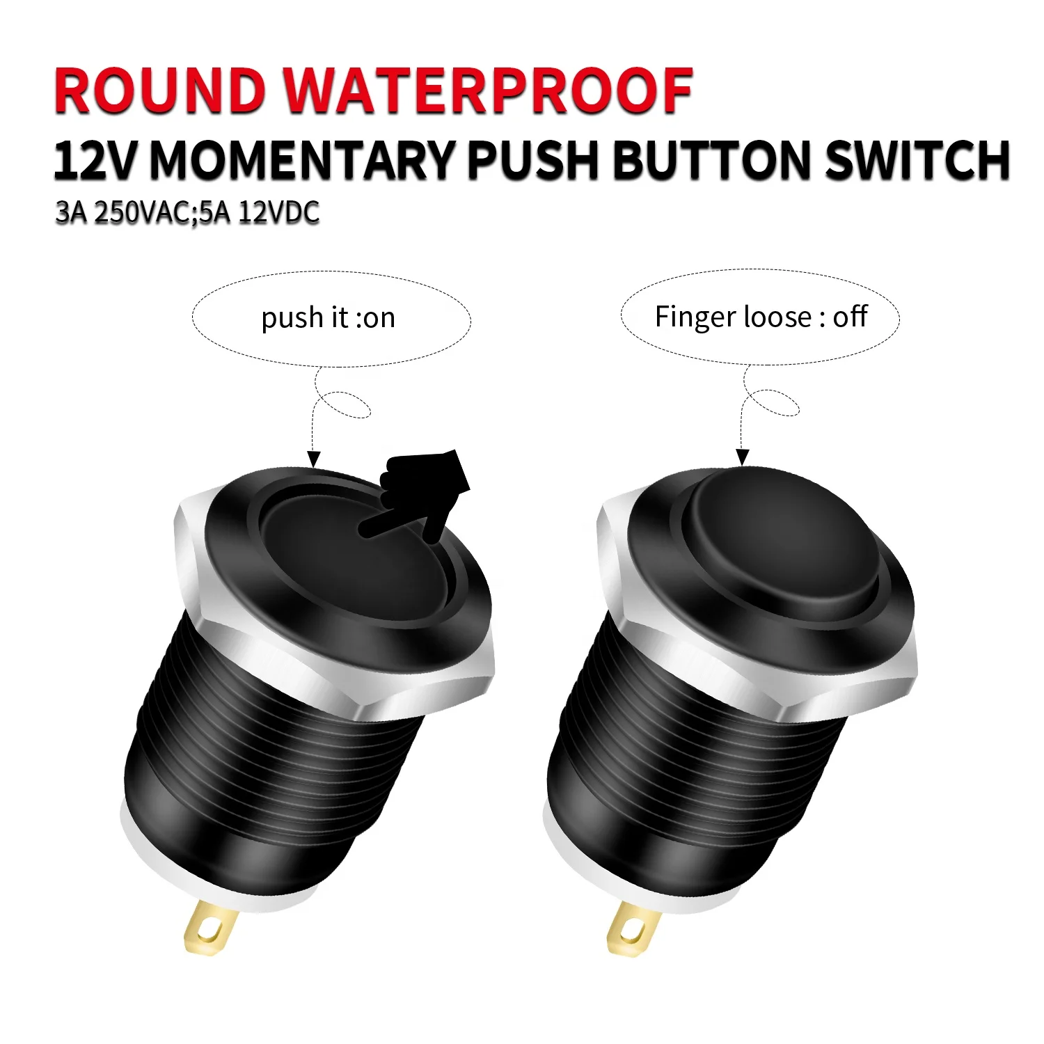 Waterproof 12V Push Button Switch 12mm - Daier GQ12H-10M-A