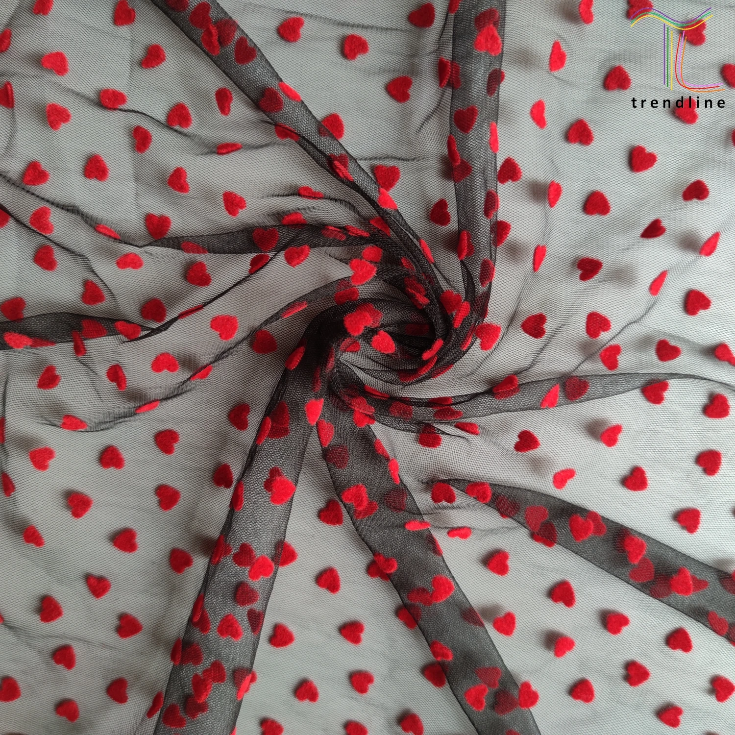 Pink Red Color Nylon Heart Dotted Flocking Mesh Lace Fabric For ...