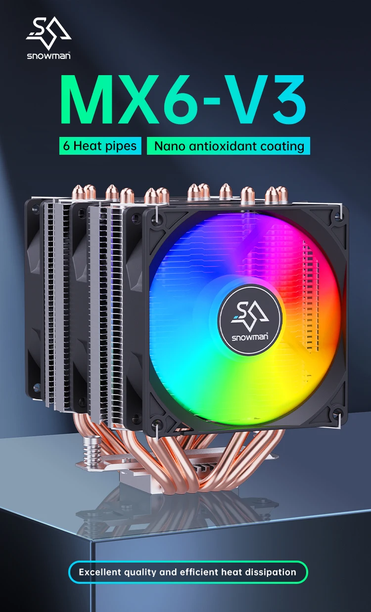 SNOWMAN 90mm RGB CPU Cooler with 3 Fans, 6 Heatpipes, LGA1200/AM4 ...