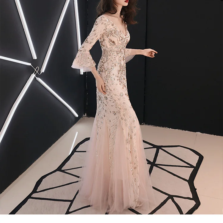 V Neck Long Puff Sleeves Evening Dresses - Serene Luxury