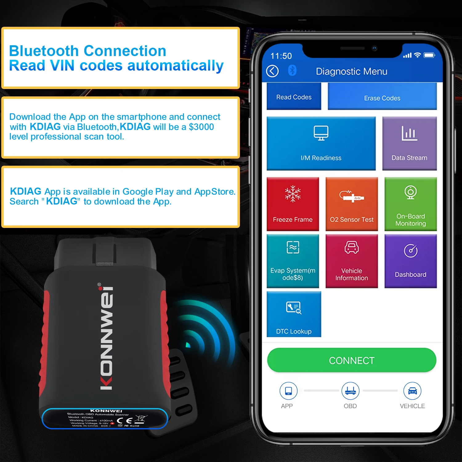 Konnwei Kdiag Bluetooth Obd2 Scanner & Diagnostic Tool, Universal