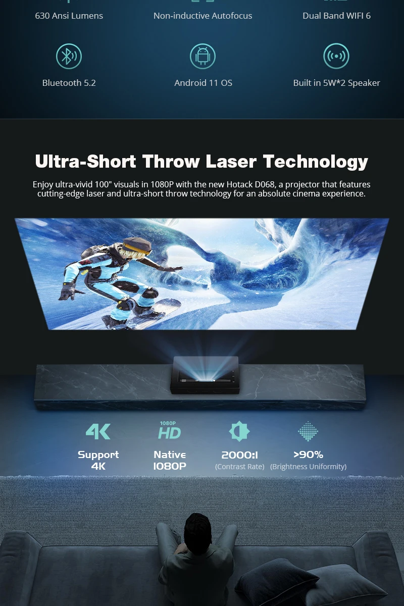 Hotack D068 Ultra Short Throw Laser Projector - 4K UHD