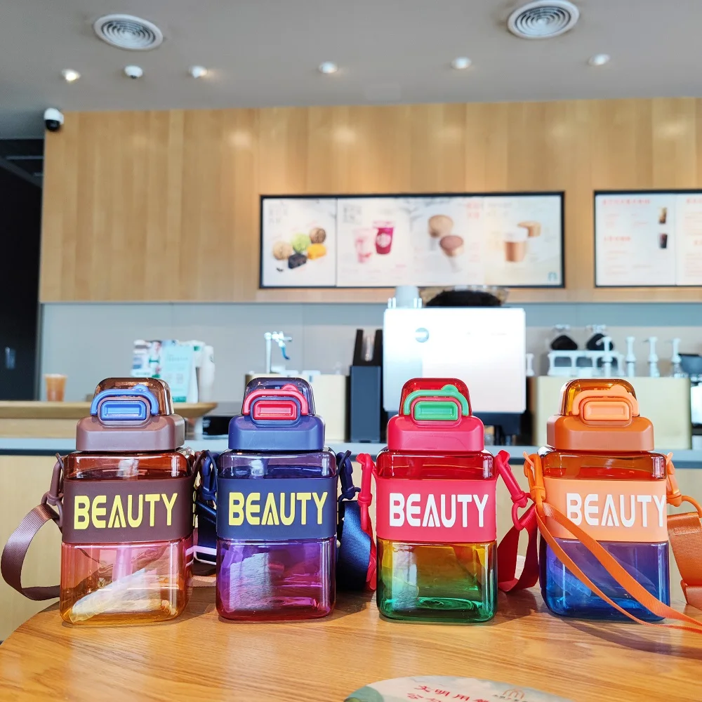 Eco Friendly Products 2023 650ml Square Gradient Sports Water Bottle Botella De Agua With Straw ...