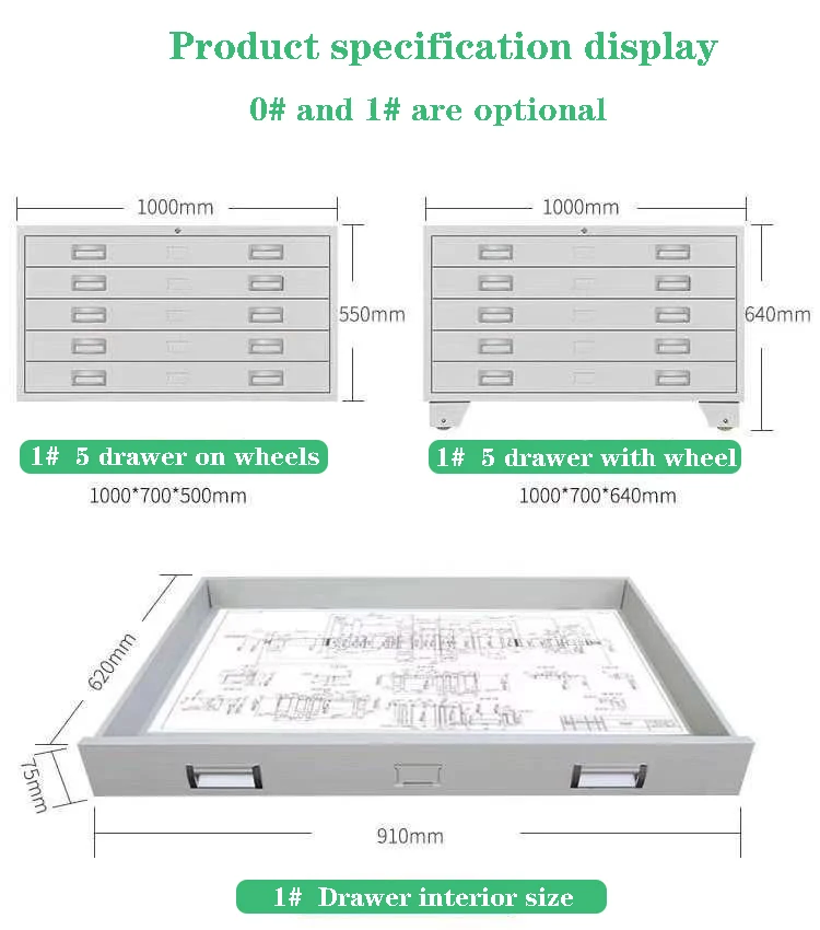 Lateral Metal Map Plan Cabinet with 5 Drawers for File Storage