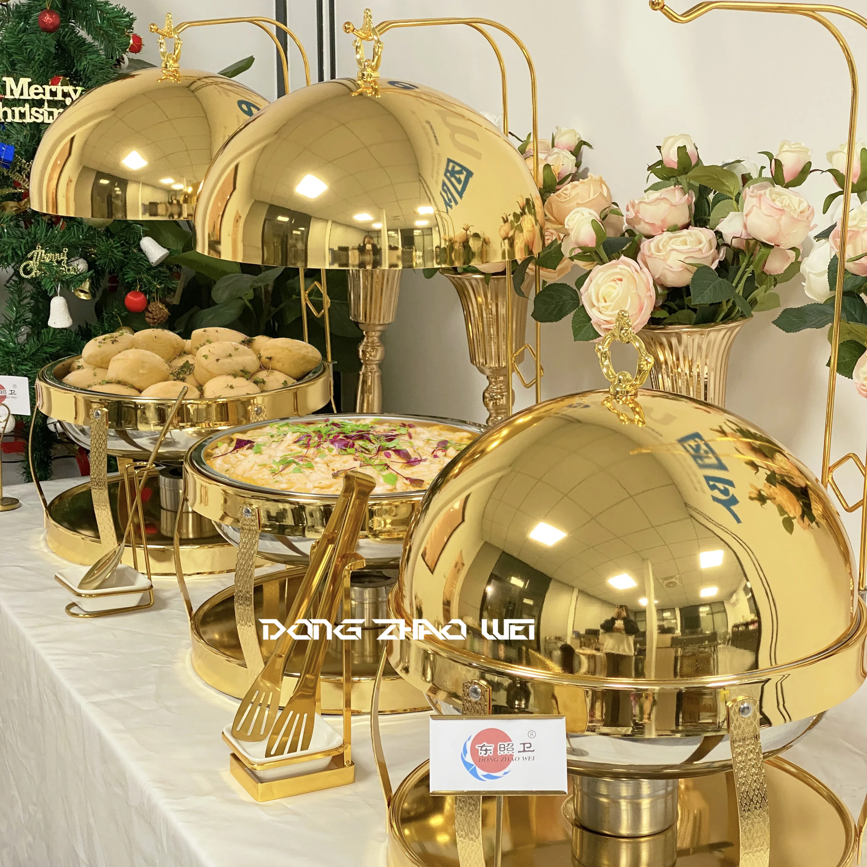 Hotel Wedding Buffet Equipment Luxury Golden Heating Food Warmer Chefing Round Hanging Chafing ...