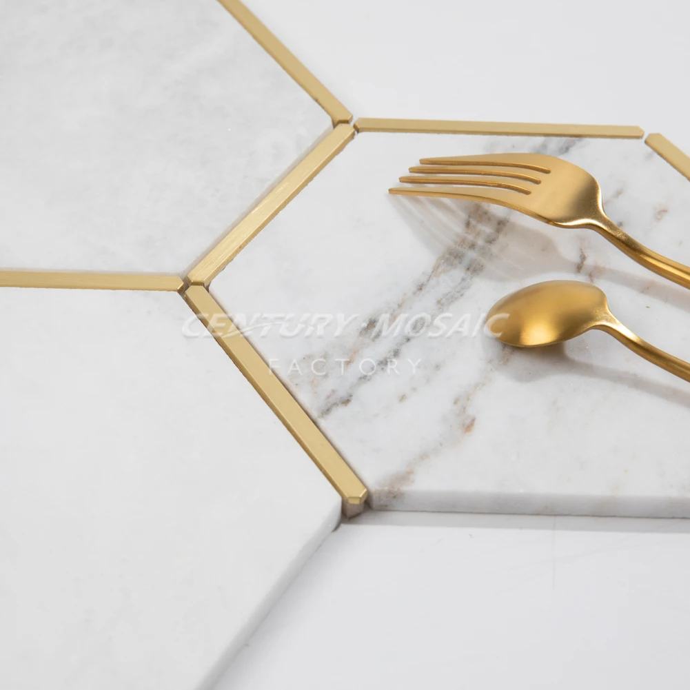 Century Mosaic Marble Tiles - Elegant Brass Inlay