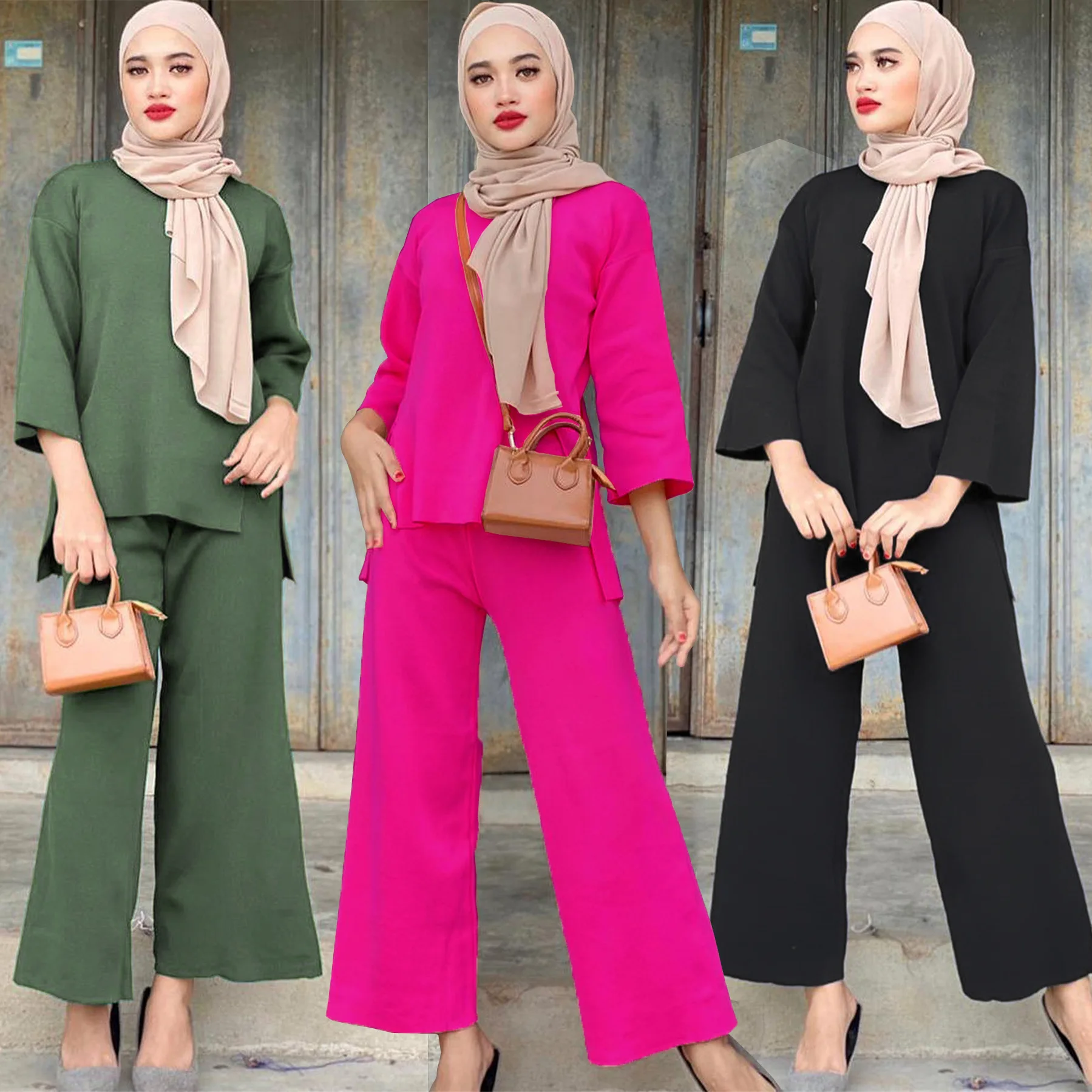 Fashion Solid Color Long Sleeve Split Pullover Outfits For Women Arab ...