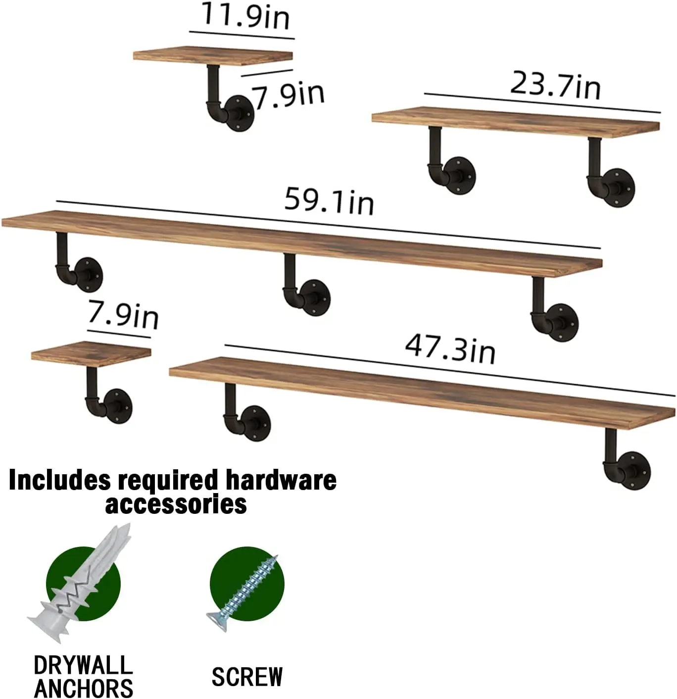 Industrial Large Floating Wood Shelves For Wall Decor 5 Storage Pipe ...