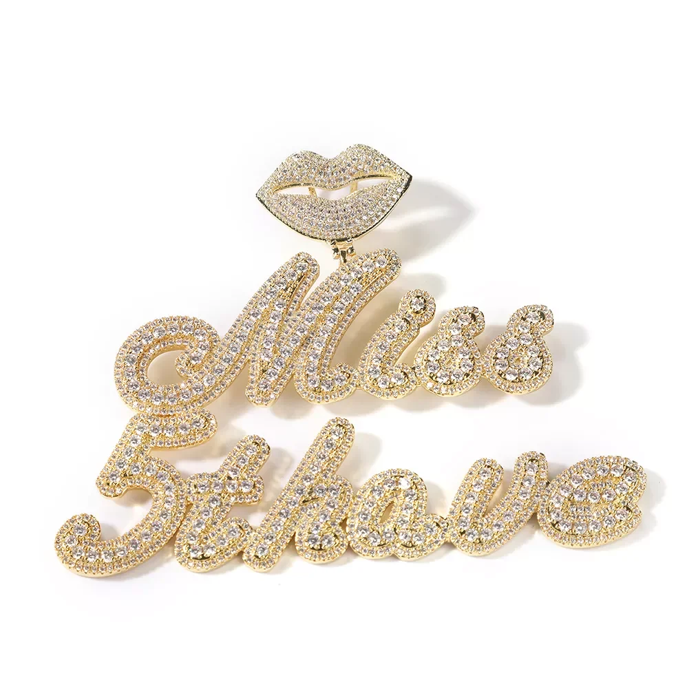 Iced Out Lips Hook Women Custom Name Necklace Baguette Chain Cz Rose ...