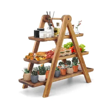 Multifunctional 3-tiers Collapsible Desktop Acacia Wood Kitchen Food ...