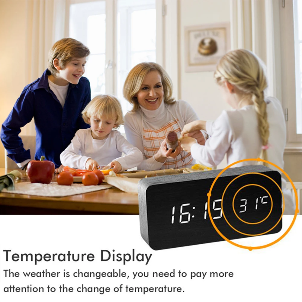 Usb Clocks Led Wooden Alarm Clock Watch Table Voice Control Digital ...