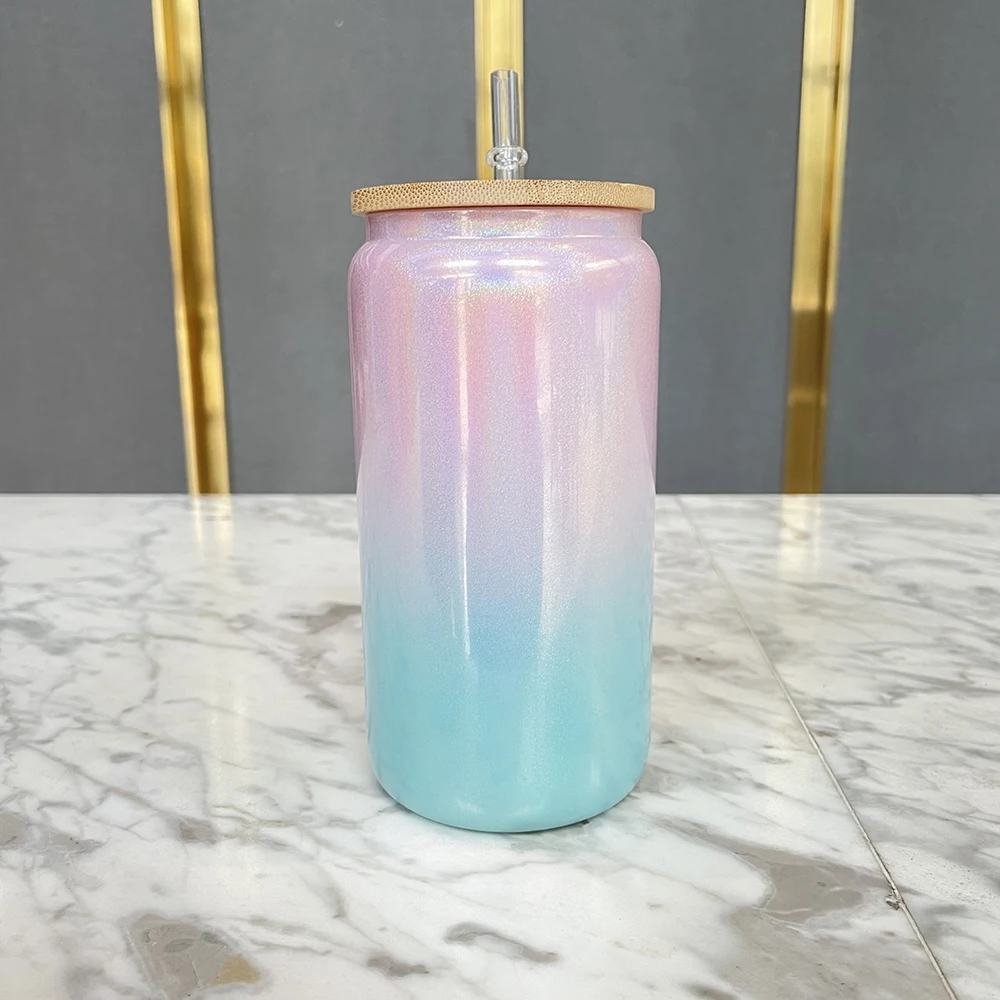 Rhinestone Lid Holographic Shimmer Glass Can 16oz Ombre Glitter Shimmer Glass Can With Bamboo