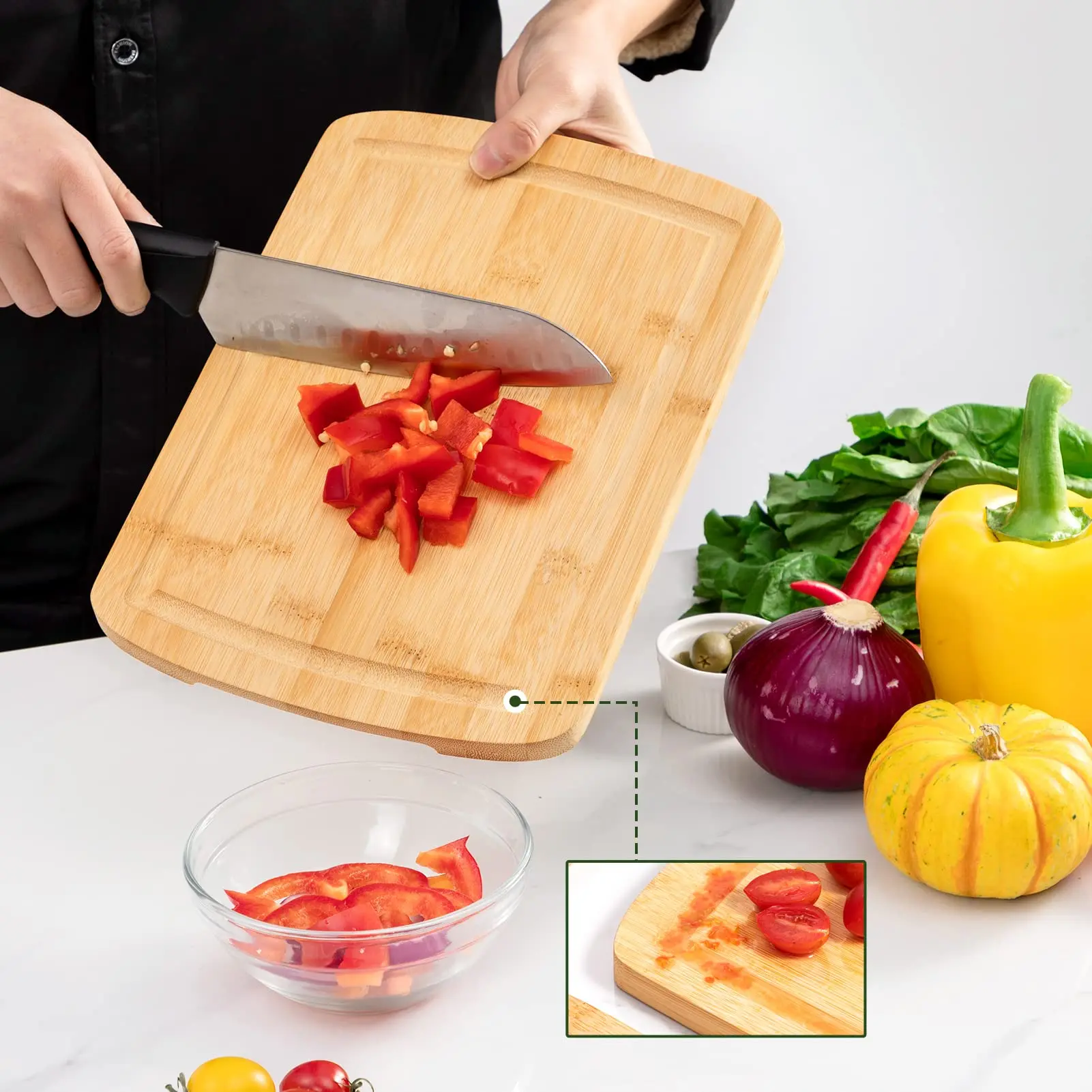 Thick Bamboo Kitchen Cutting Board Set with Side Handle and Juice Trough for Chopping Blocks ...