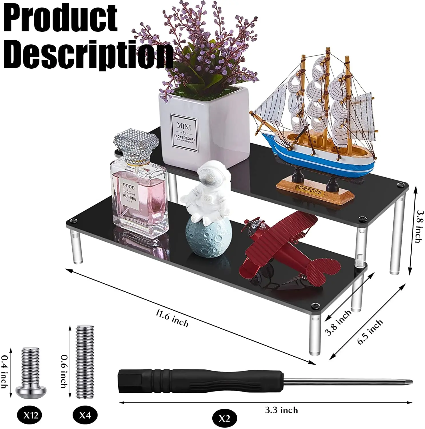 2 Tiers Display Stand Riser Display Shelves Black Acrylic Organizer ...