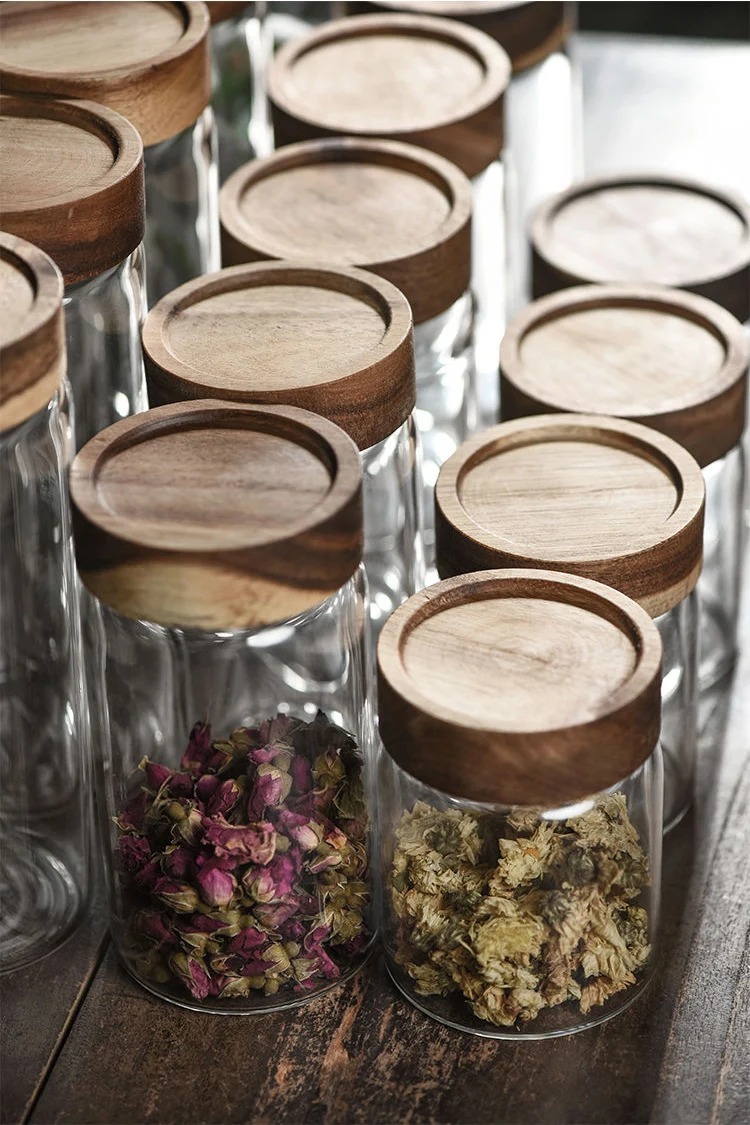 Thread Type Borosilicate Glass Storage Jars With Airtight Acacia Wooden ...