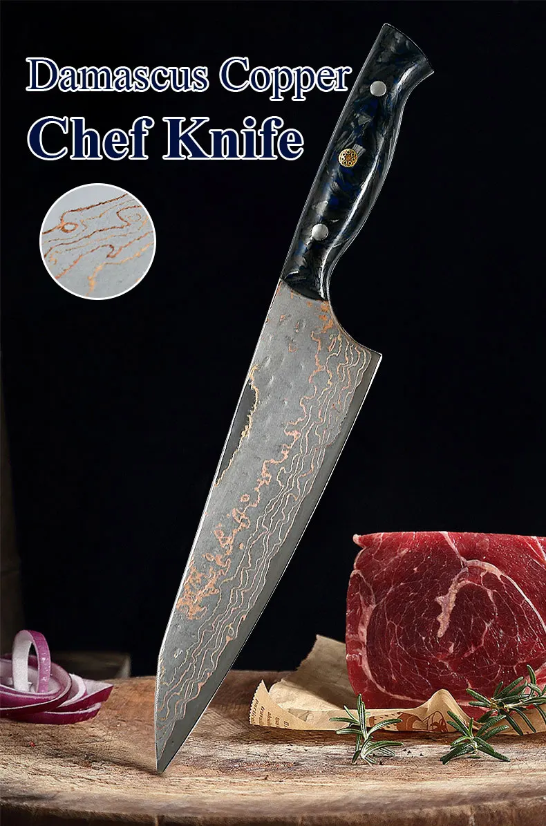 Copper Damascus Gyuto Carbonized Wood Resin Handle Professional ...