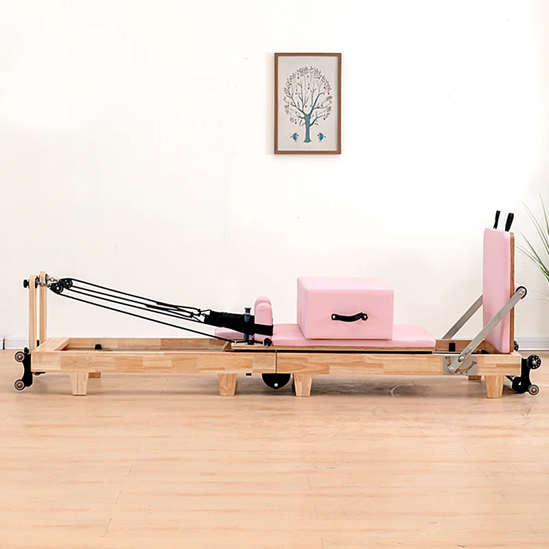 Foldable Pilates Reformer - Pink Solid Wood Fitness Equipment