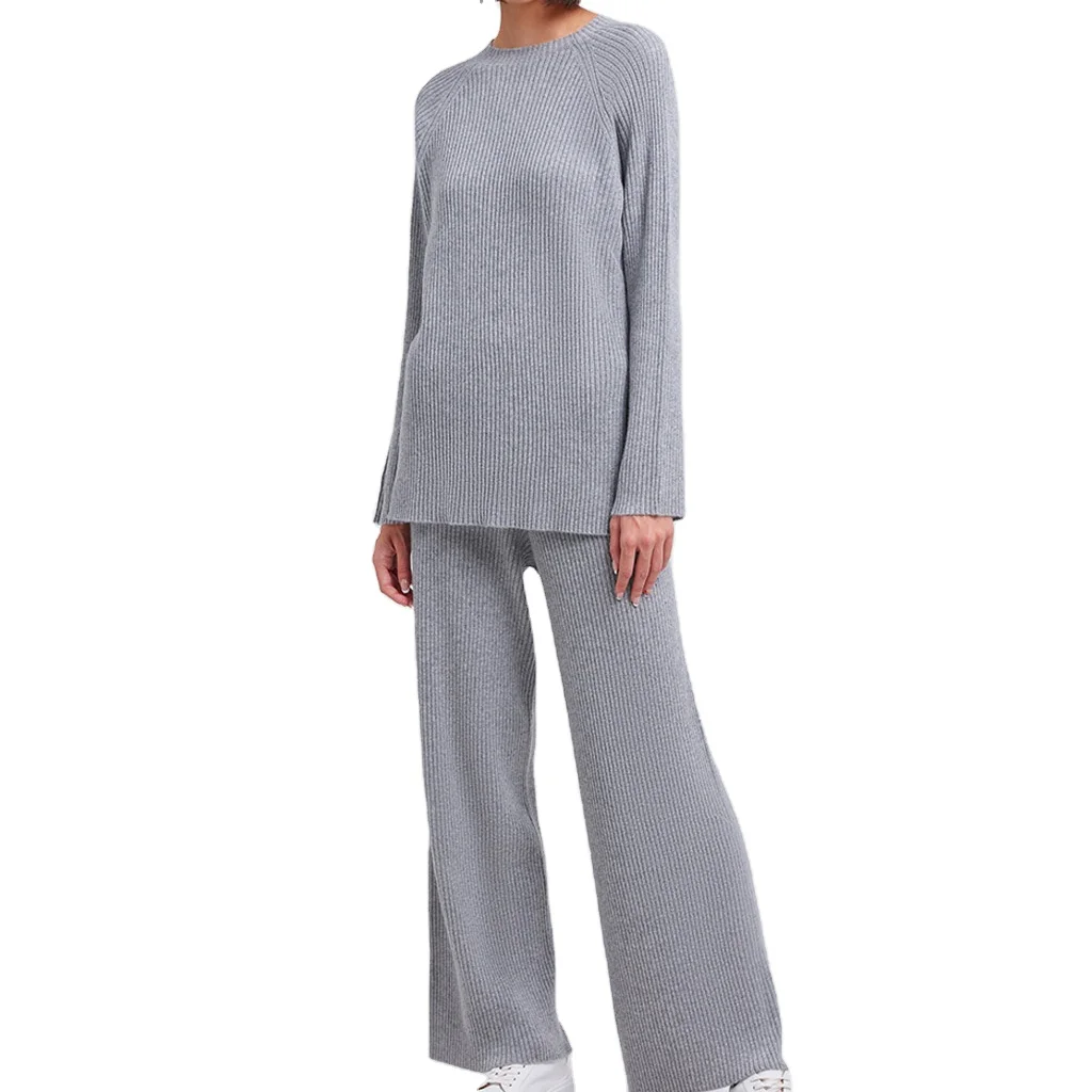 luxury wool cashmere flat knit suit design 2 two piece rib sweater ...