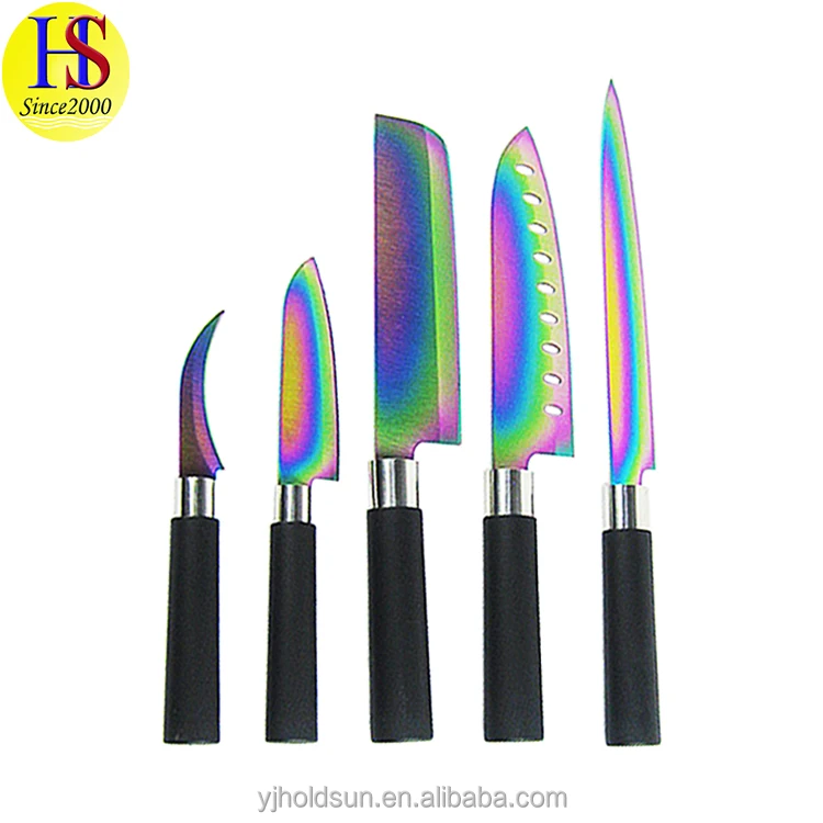 Ergonomic Plastic Handle Rustproof 5pcs Titanium Coated Kitchen Knife ...