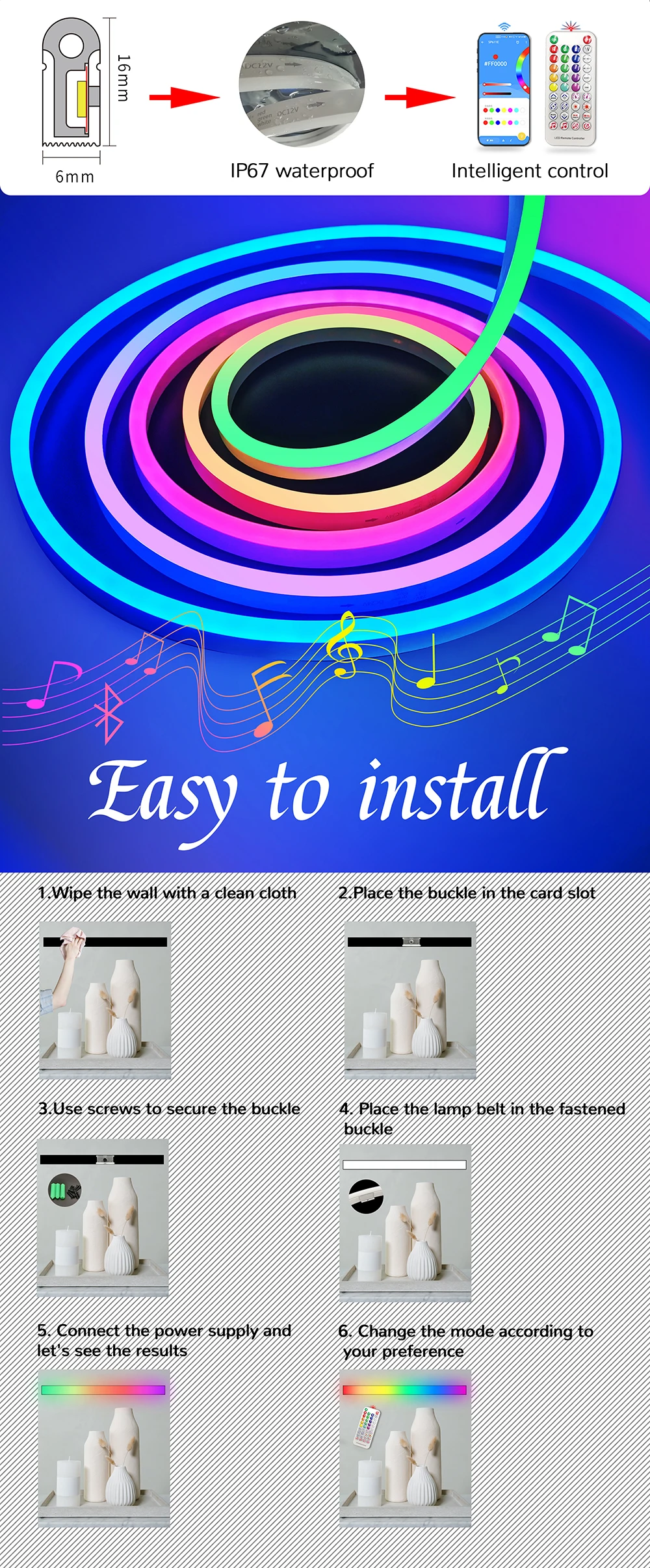 RGBIC Neon Rope Light With Music Sync Mode Controller 8mm Neon Flex for ...