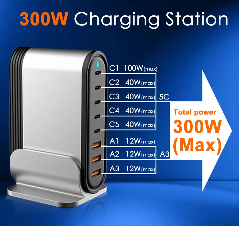 Usb C Charger 300w Usb C Charger Block Upgraded Gan Iii 8-port Fast Charging Station Hub Pd 40w ...